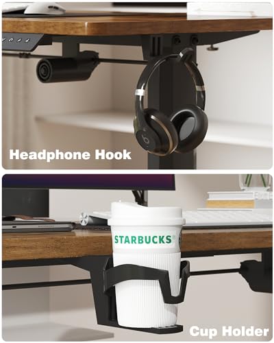 Shahoo Electric Standing Desk, 55 x 24 Inches Height Adjustable Corner Table, Computer Workstation with Cup Holder and Hook for Home Office, Rustic Brown