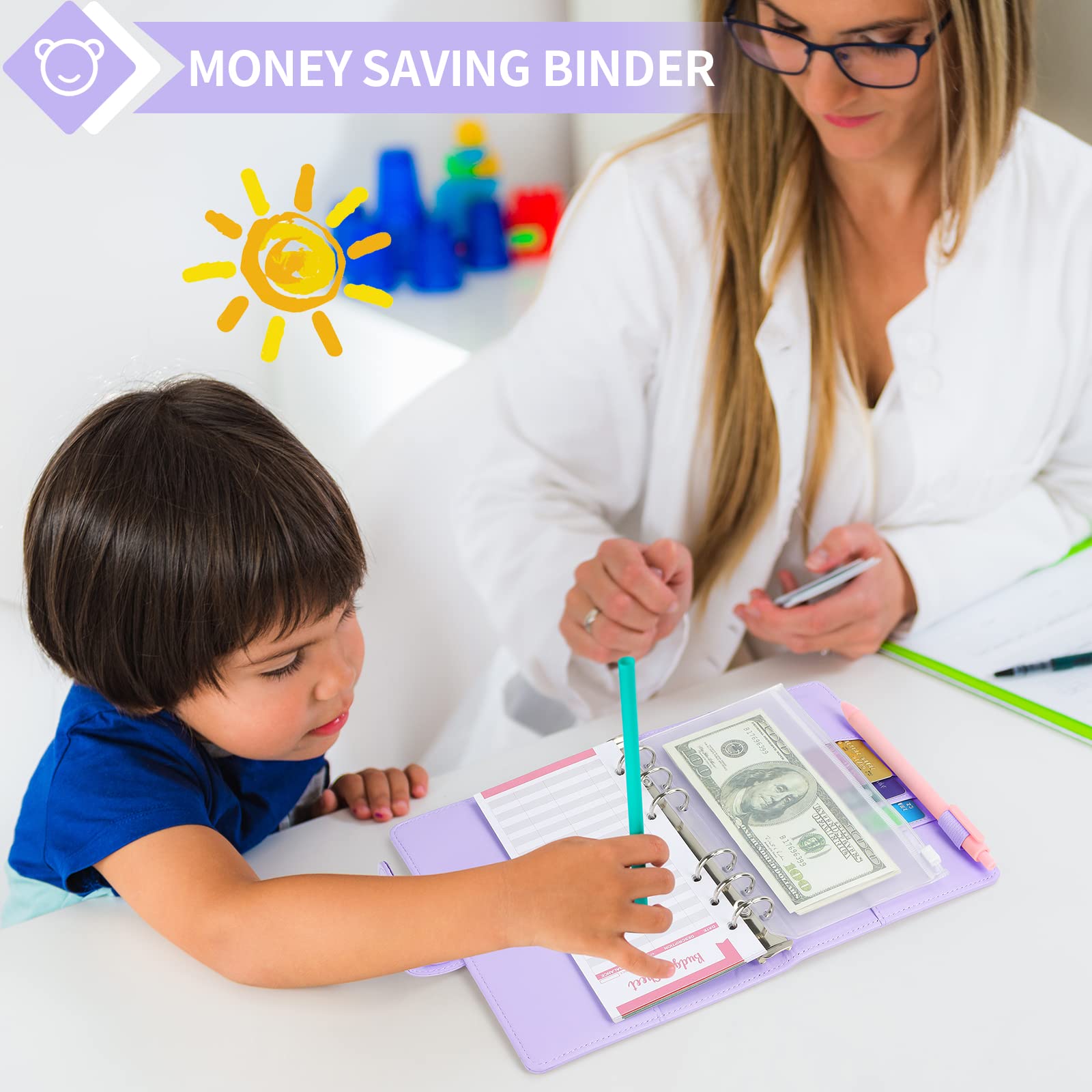 KTRIO A6 Budget Binder with Zipper Envelopes, Cash Envelopes for Budgeting, Money Organizer for Cash, Bill Money Saving Binder Planner, 26PCS A6 PU Leather Budget Notebook System, Gift - Purple