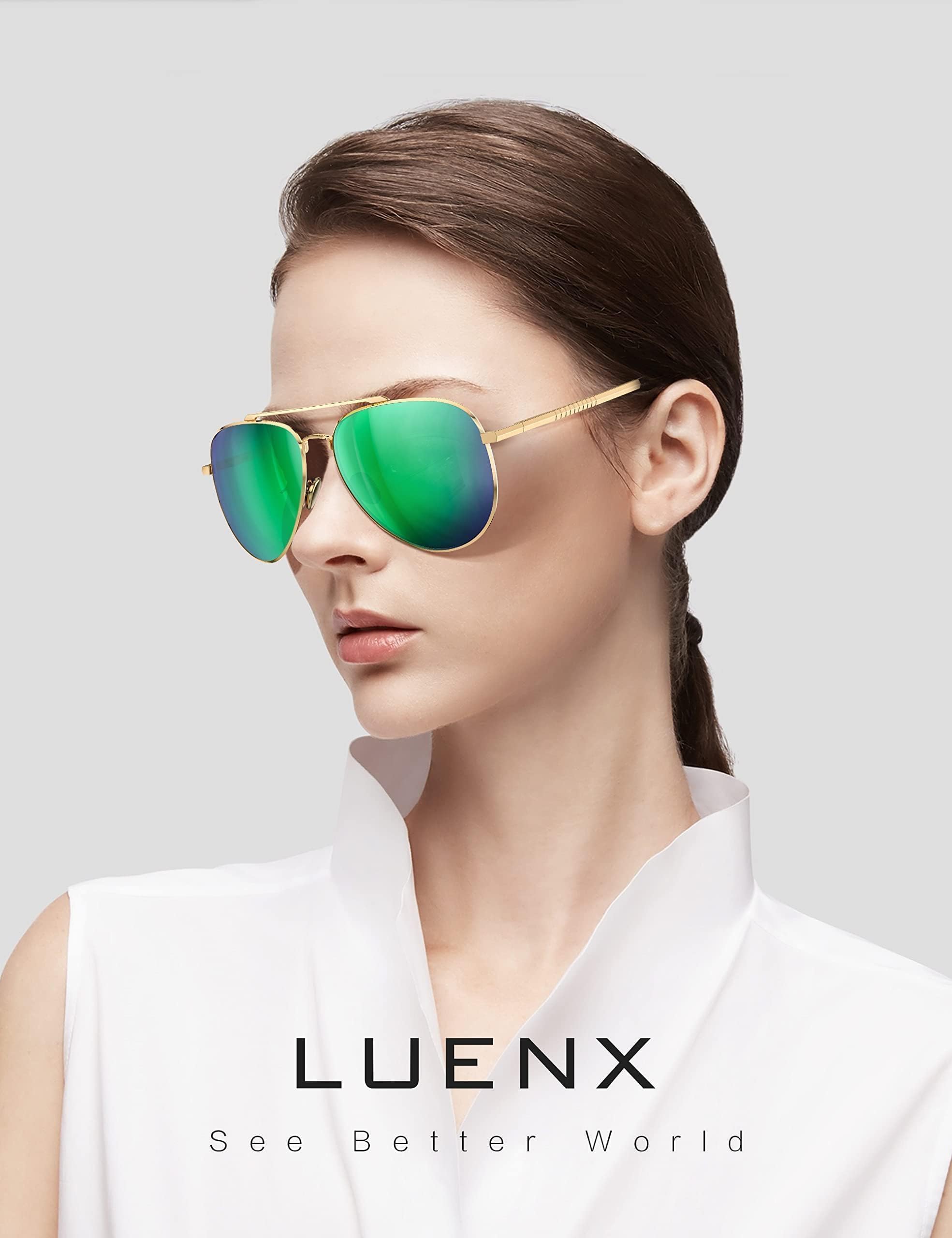 LUENX Men Aviator Sunglasses Polarized Womens Mirror Green Lens Metal Gold Frame Driving Shades Classic Style