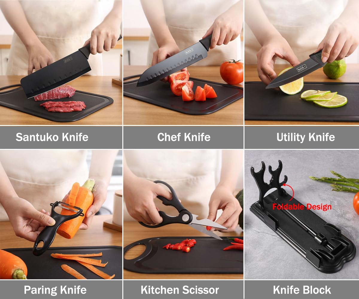 Knife Set, 10-Piece German Stainless Steel Kitchen Knife Block Set with Sheaths, Cutting Board and Knife Block, Super Sharp Knife Set with Block, Non-stick Cooking Knives Sets, Ergonomical Design