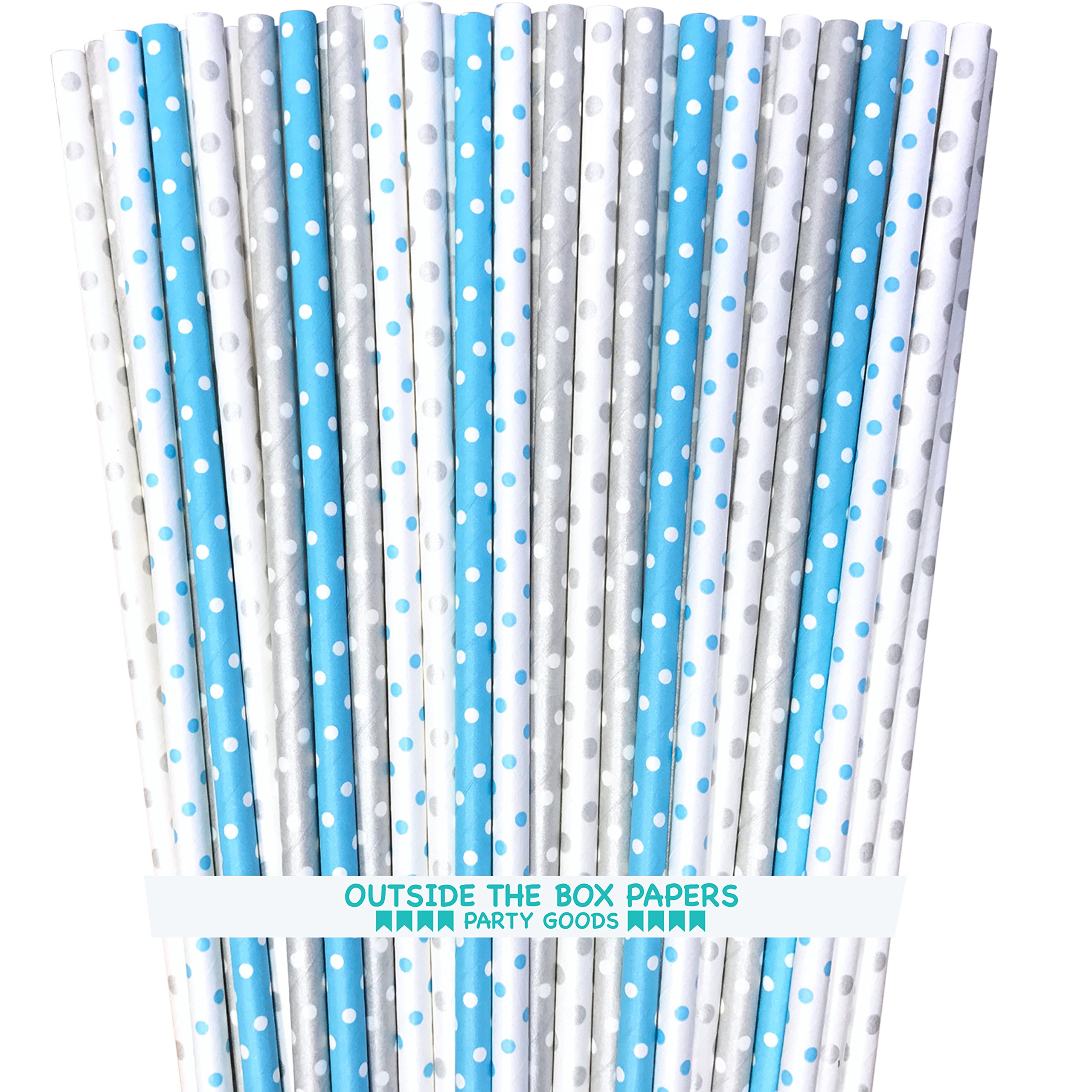 Polka Dot Paper Straws - Light Blue Silver White - 7.75 Inches - 100 Pack - Outside the Box Papers Brand
