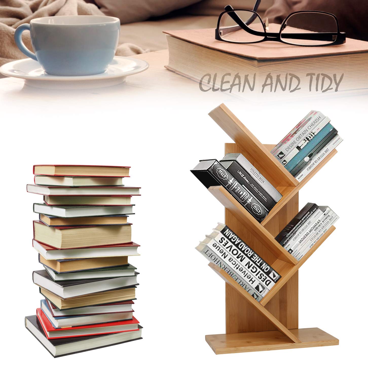 JIIKOOAI Tree Bookshelf Book Rack, Display Storage Bookcase,Magazine Rack, Multi-Tier Floor Free Standing Wood Bookshelf 4 Tier Decor Bookshelf for Living Room, Home Office