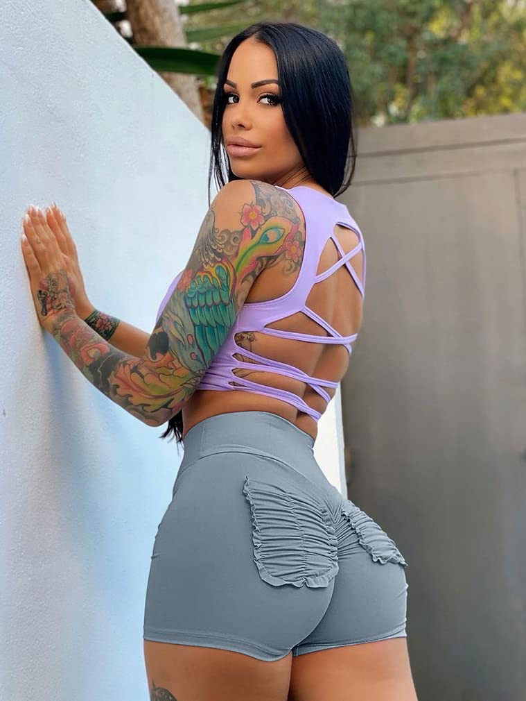 OQQ Women's Butt Lifing Running Shorts Athletic Gym Yoga Workout Ruched Booty Pants with Pockets Blue