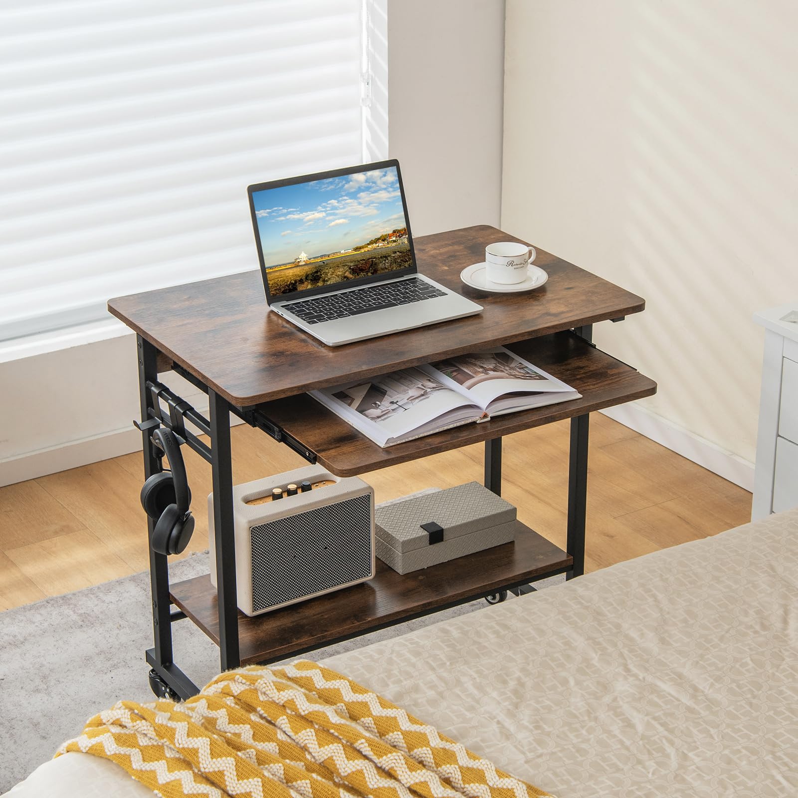 Julimoon Rolling Computer Desk, Mobile Desk with Keyboard Tray & Mouse Tray, Portable Laptop Cart with Shelf & Hooks, Small Desk for Small Spaces, Study Table for Bedroom, Apartment, Home Office Desk