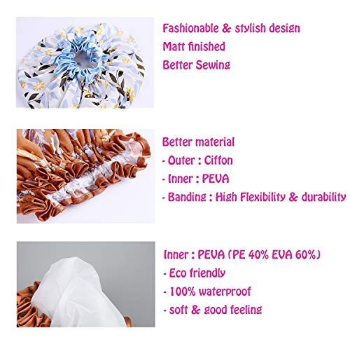 Joemoon Long Hair Shower Cap Women Leaf Fabric Eco Waterproof Lined Reusable Washable 3 Pack