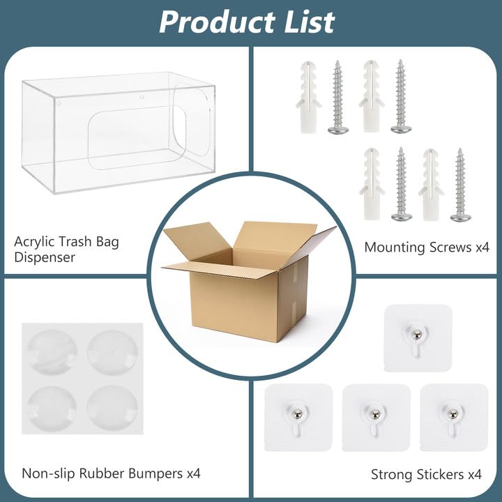 Trash Bag Holder Dispenser, Acrylic Trash Bag Dispenser Roll Holder, Adhesive Wall Mount Garbage Grocery Bag Dispenser Organizer for Kitchen, Cabinet, Under Sink with 4 Strong Stickers Screws
