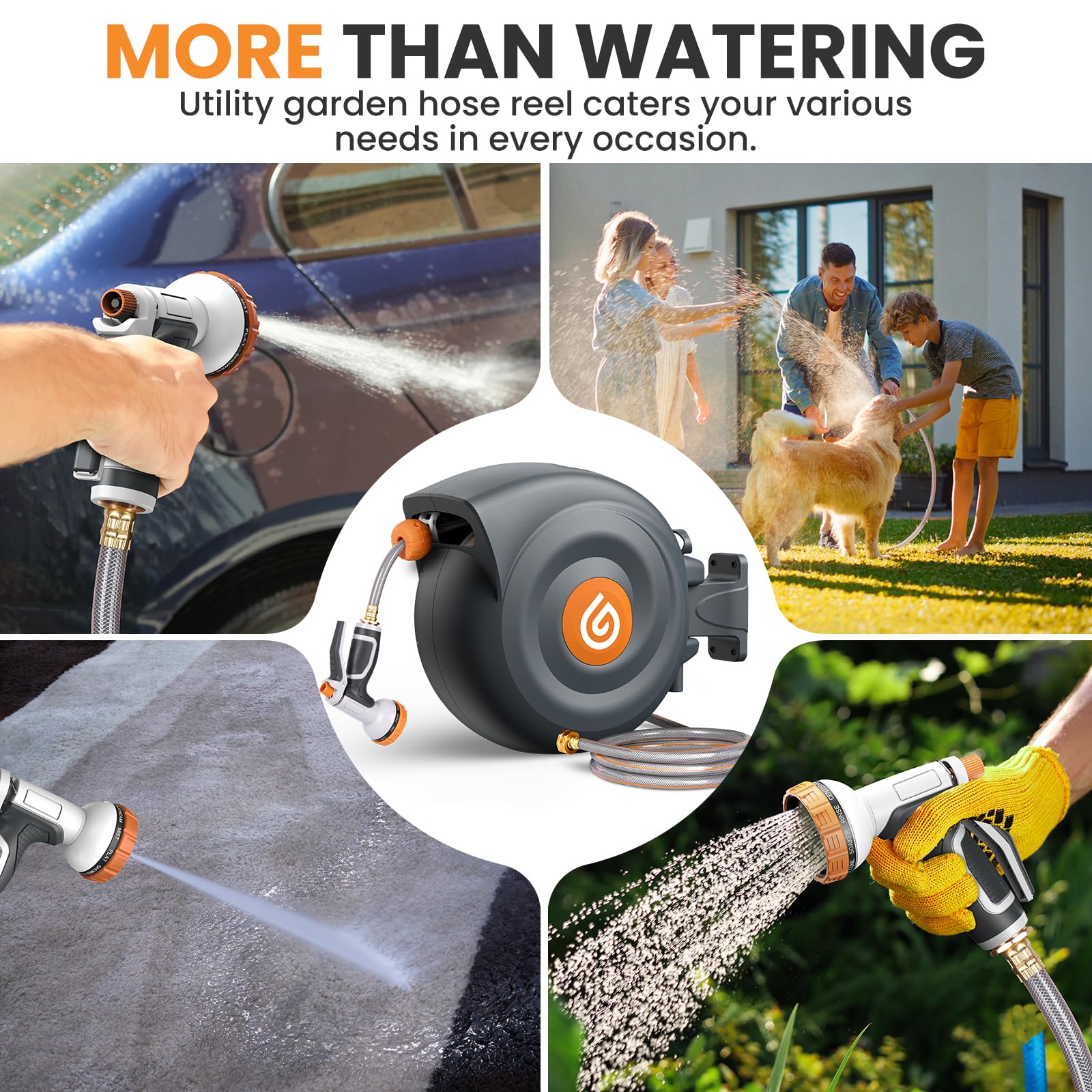 Retractable Garden Hose Reel 100ft, 1/2"Reinforced Leak-proof Water Hose, 10-Pattern Hose Nozzle, Slow Rewinding, UV Resistant, Durable Brass Fittings, 3-Layer PVC Hose, 180° Swivel Bracket