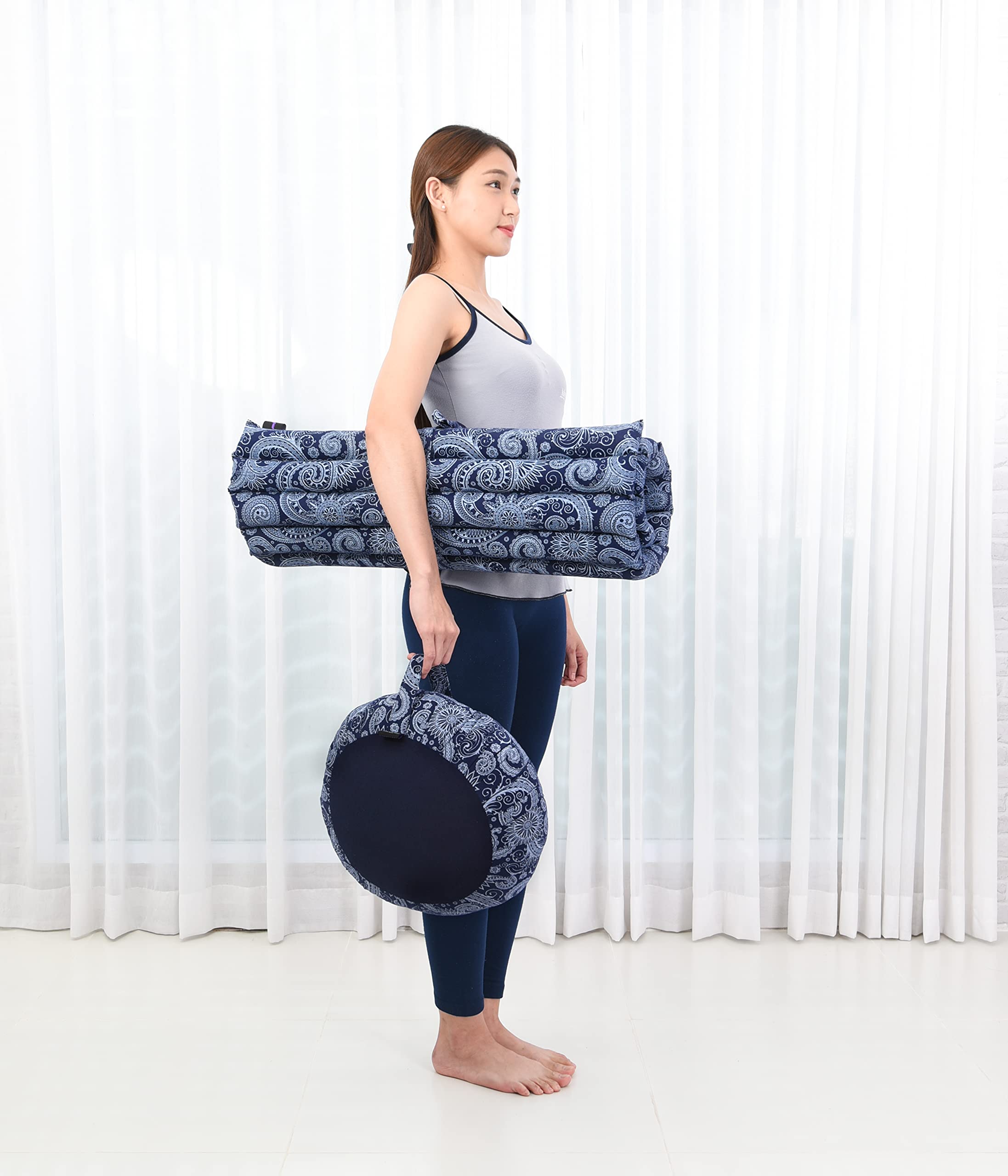 Leewadee Meditation Cushion Set β 1 Round Zafu Meditation Pillow and 1 Square Roll-Up Zabuton Meditation Mat, Pillows Bundle Filled with Eco-Friendly Kapok, Blue White