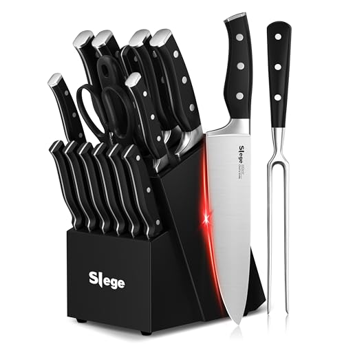 Knife Set, Slege 16-Pieces Kitchen Knife Set with Block, Stainless Steel Kitchen Knives with Sharpener, Kitchen Shears and Carving Fork, Black