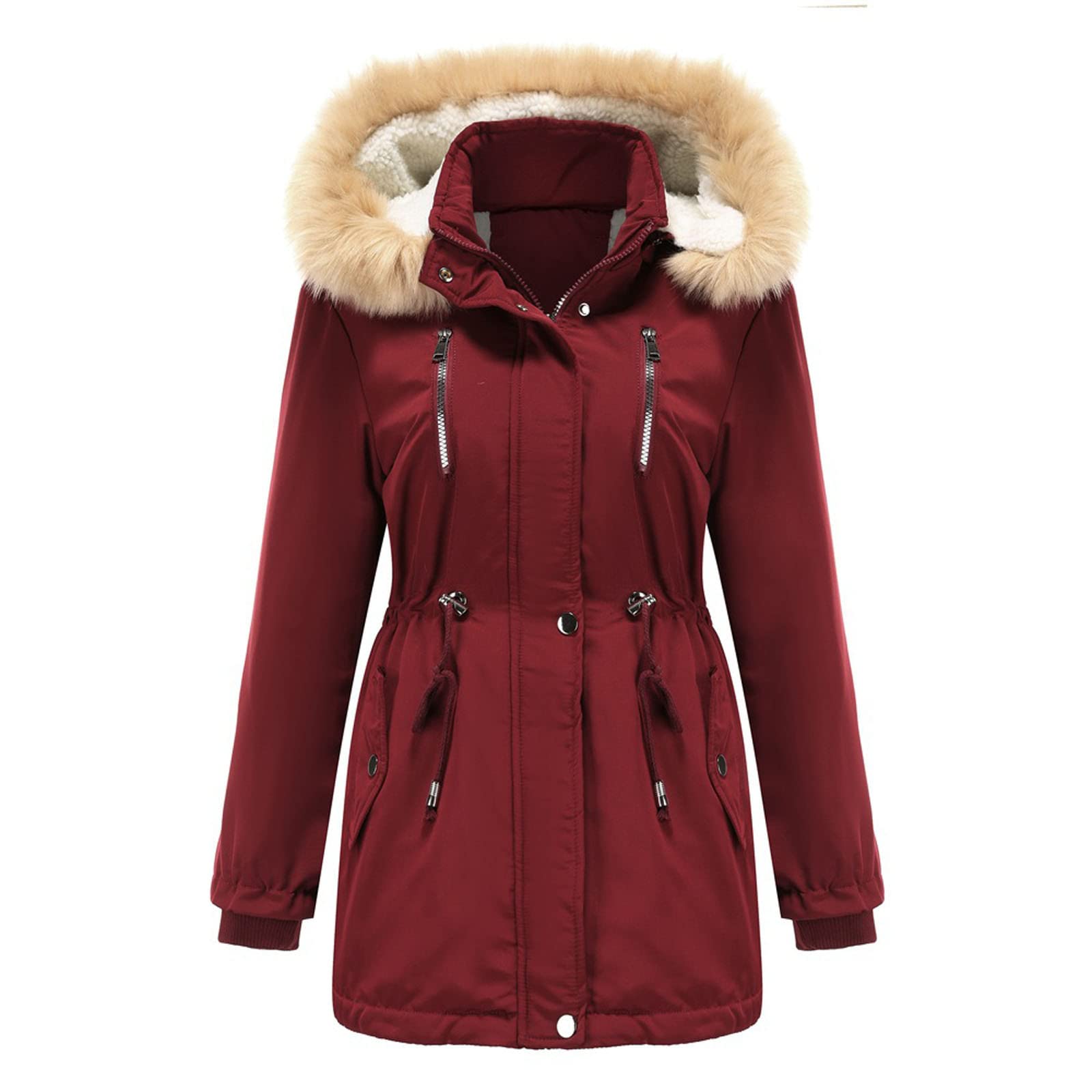 LUGOGNE Womens Winter Coats Casual Warm Thick Jacket Big Fur Collar Zip Up Hoodie Padded Fleece Oversized Jackets