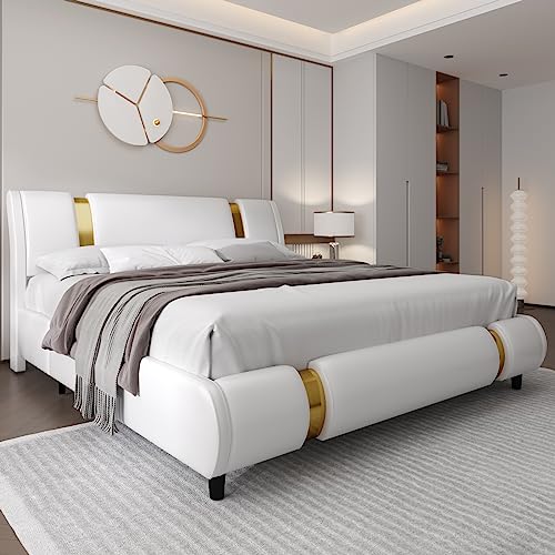 TTVIEW Modern Faux Leather Upholstered Platform Bed Frame with Golden Iron Metal Decor, Adjustable Curved Headboard, Wooden Slats Support, No Box Spring Needed, Queen Size, White