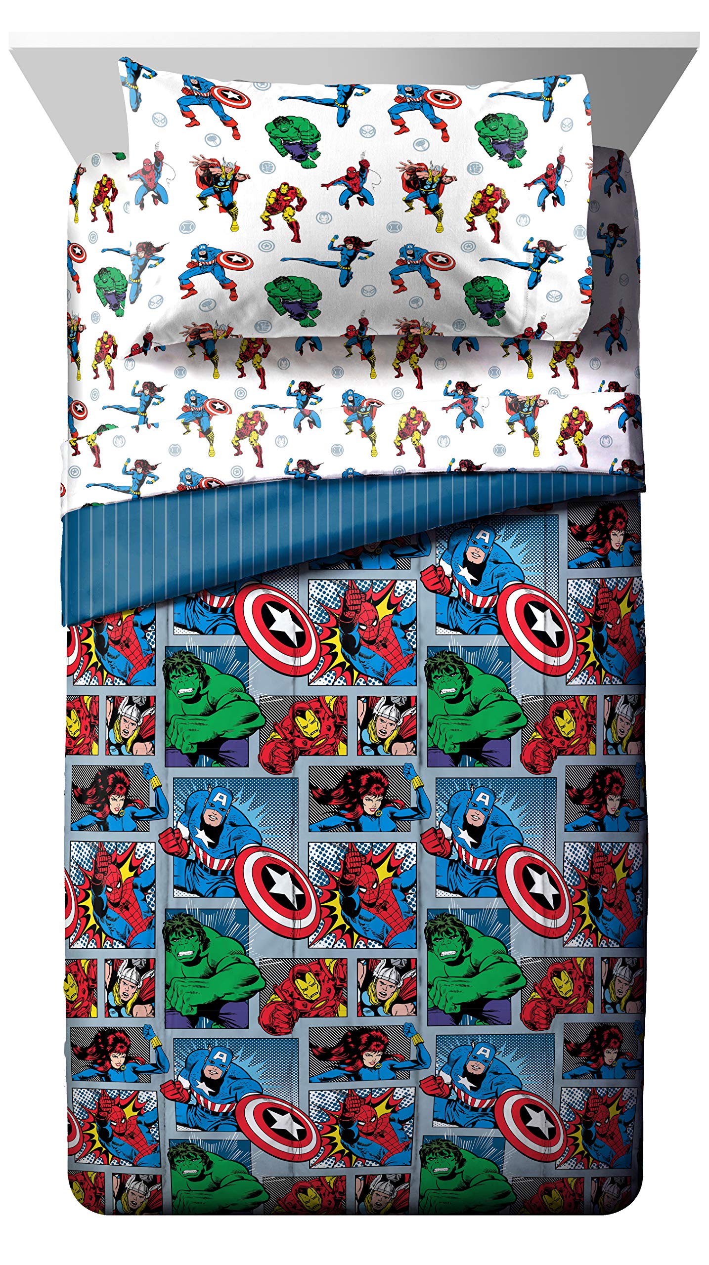 Jay Franco Marvel Avengers Fighting Team 4 Piece Twin Bed Set - Includes Reversible Comforter & Sheet Set Bedding - Super Soft Fade Resistant Microfiber (Official Marvel Product)