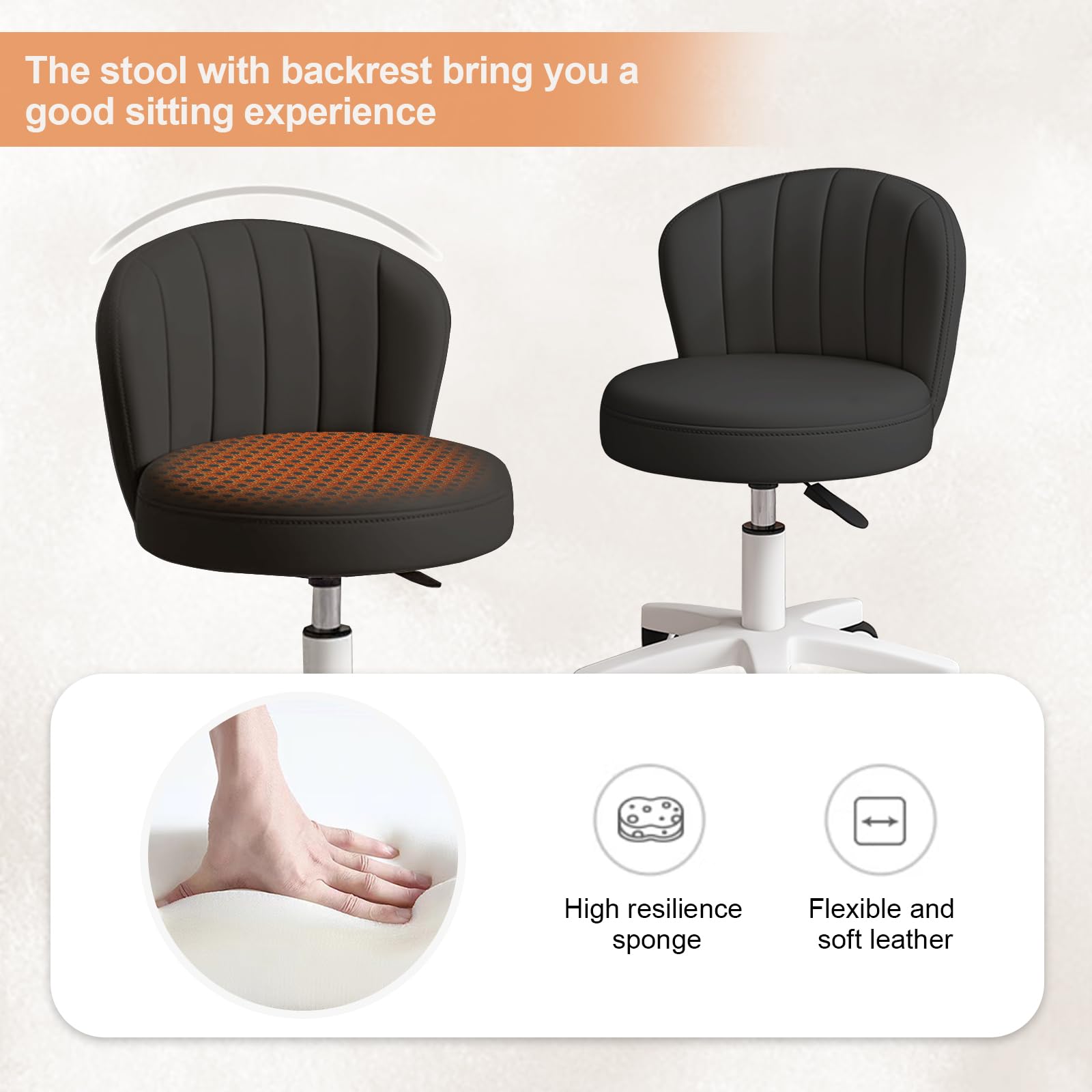 XUEGW Home Office Chair with Wheels PU Leather Swivel Drafting Chair with Back Rolling Round Stool Height Adjustable Work Task Vanity Salon Spa Stool Chair (White, 13.8 * 2 * 9.8)