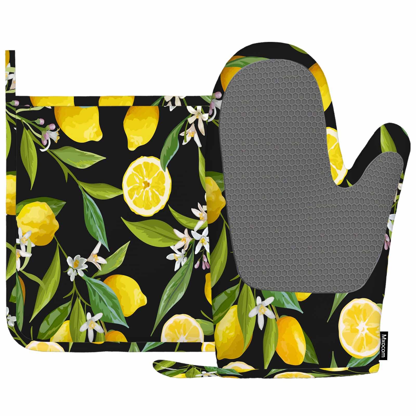 Mxocom Lemon Fruits Silicone Oven Mitts and Pot Holders Sets Flowers Leaves Lemons BBQ Gloves for Kitchen,Cooking,Baking,Grilling