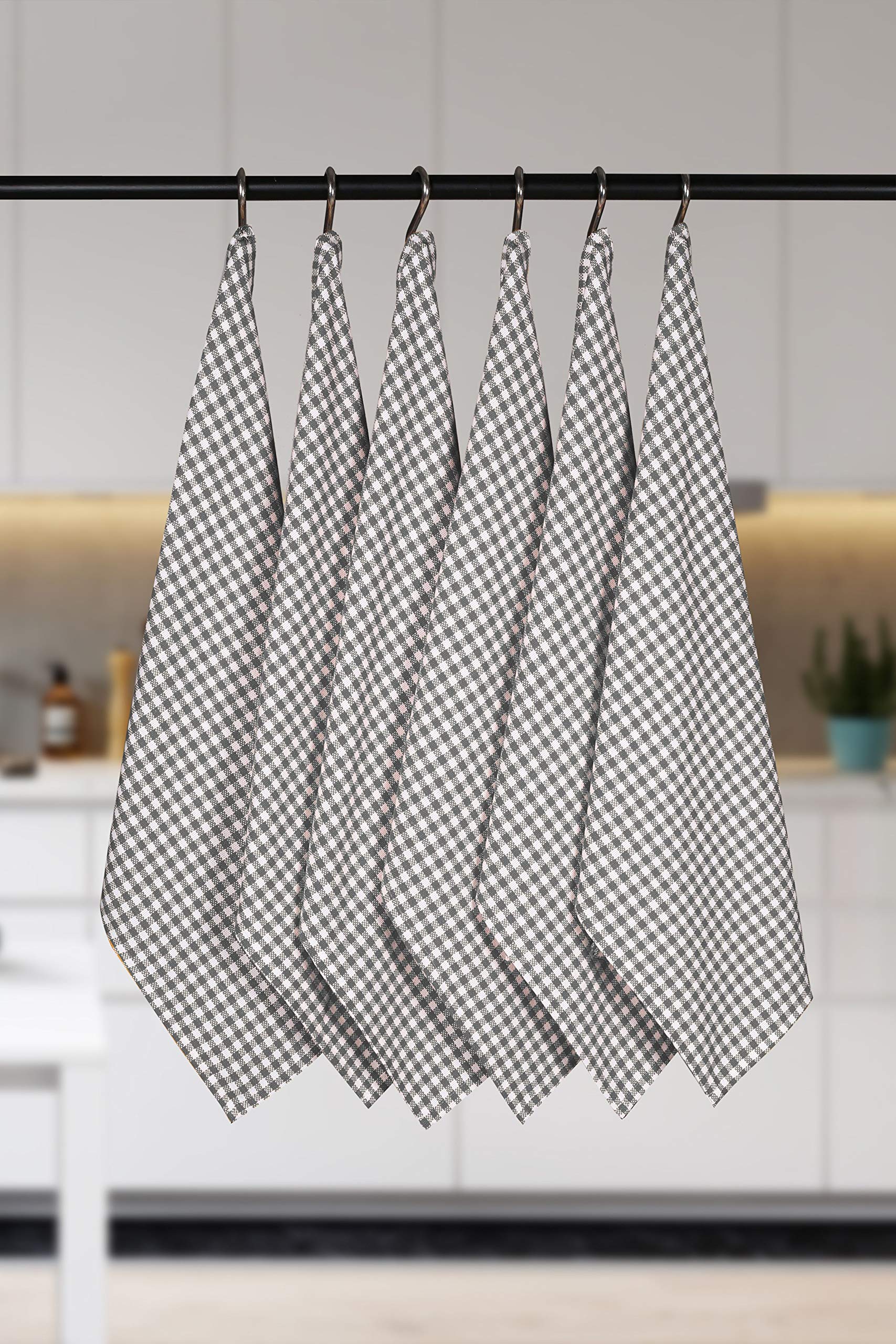 Native Fab 6 Pack Gingham Farmhouse Kitchen Dish Towels Cotton Absorbent Durable Washable 15x25 - Tea Towels, Dish Cloths, Restaurant Cleaning Towels, Kitchen Towels with Hanging Loop, Grey White