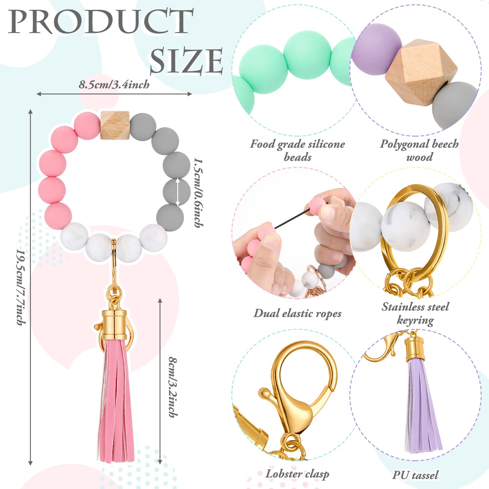 Otuuz 4 Pcs Women Macaron Color Key Ring Bracelets Wristlet Bead Keychain Leather Tassel Keychain Elastic Beaded Bracelet Portable Wristlet Bangle Keychain for Car Key Holder