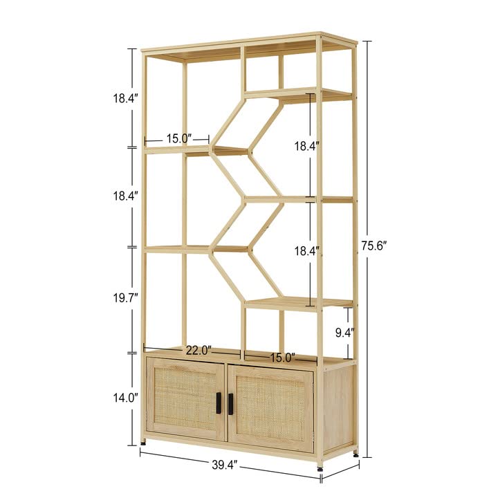 WAQINBR Rattan Book Shelf with Storage Rack, Bookcase Shelf with Doors, 6 Shelf Bookcase; Display Shelves for Living Room Home Office, Featured Natural Large Space Book Case