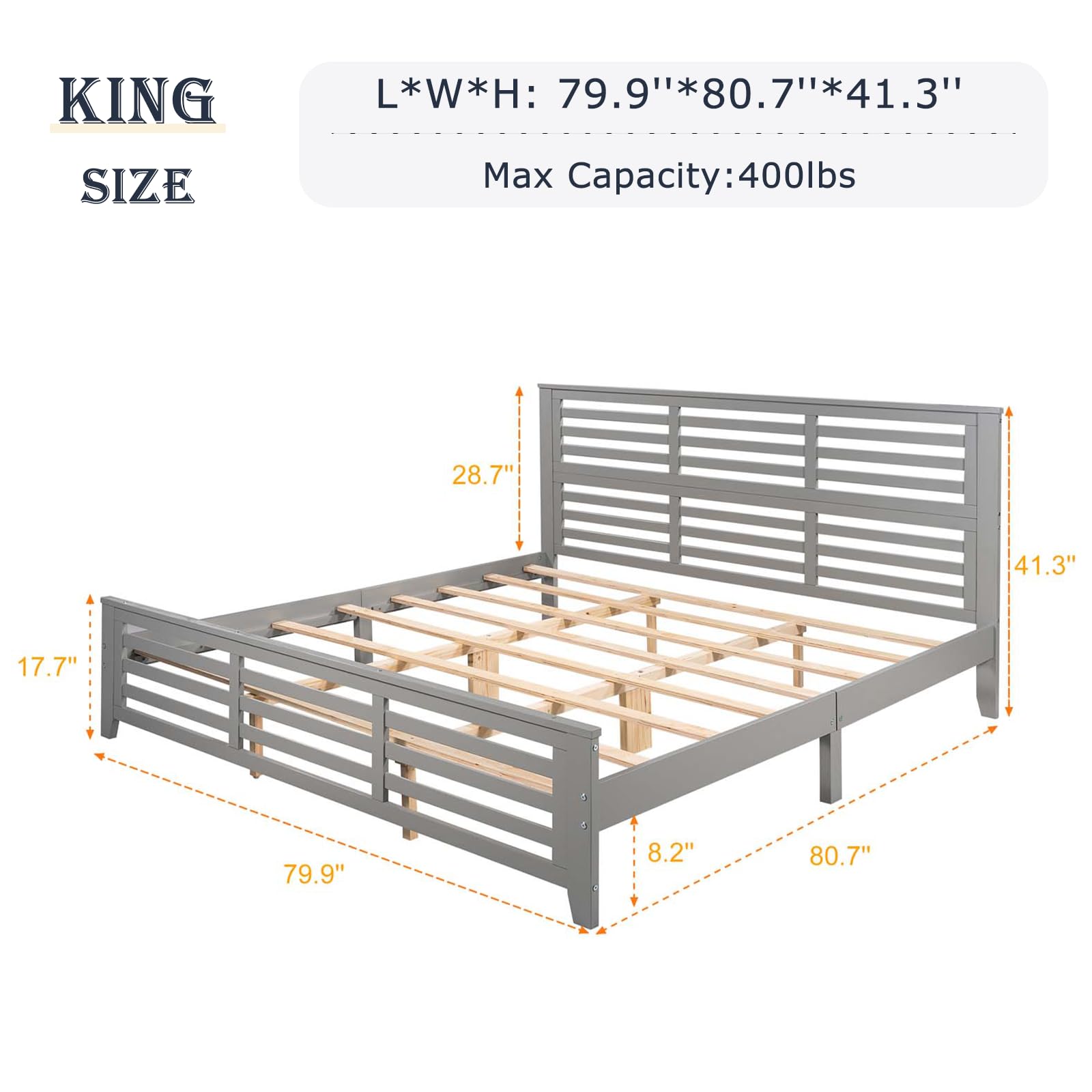 King Size Bed Frame, King Bed Frame with Horizontal Strip Hollow Shape Headboard, Pine Wood Platform Bed Frame for Teens Adults Bedroom, Noise Free/No Box Spring Needed (Gray)