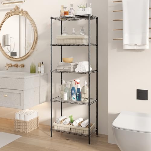 JEROAL 5 Tier Wire Shelving Unit Adjustable Height Storage Shelf Display Rack with 4 S-Shaped Hooks Standing H eavy Duty Metal Shelving for Laundry Bathroom Kitchen (Black)