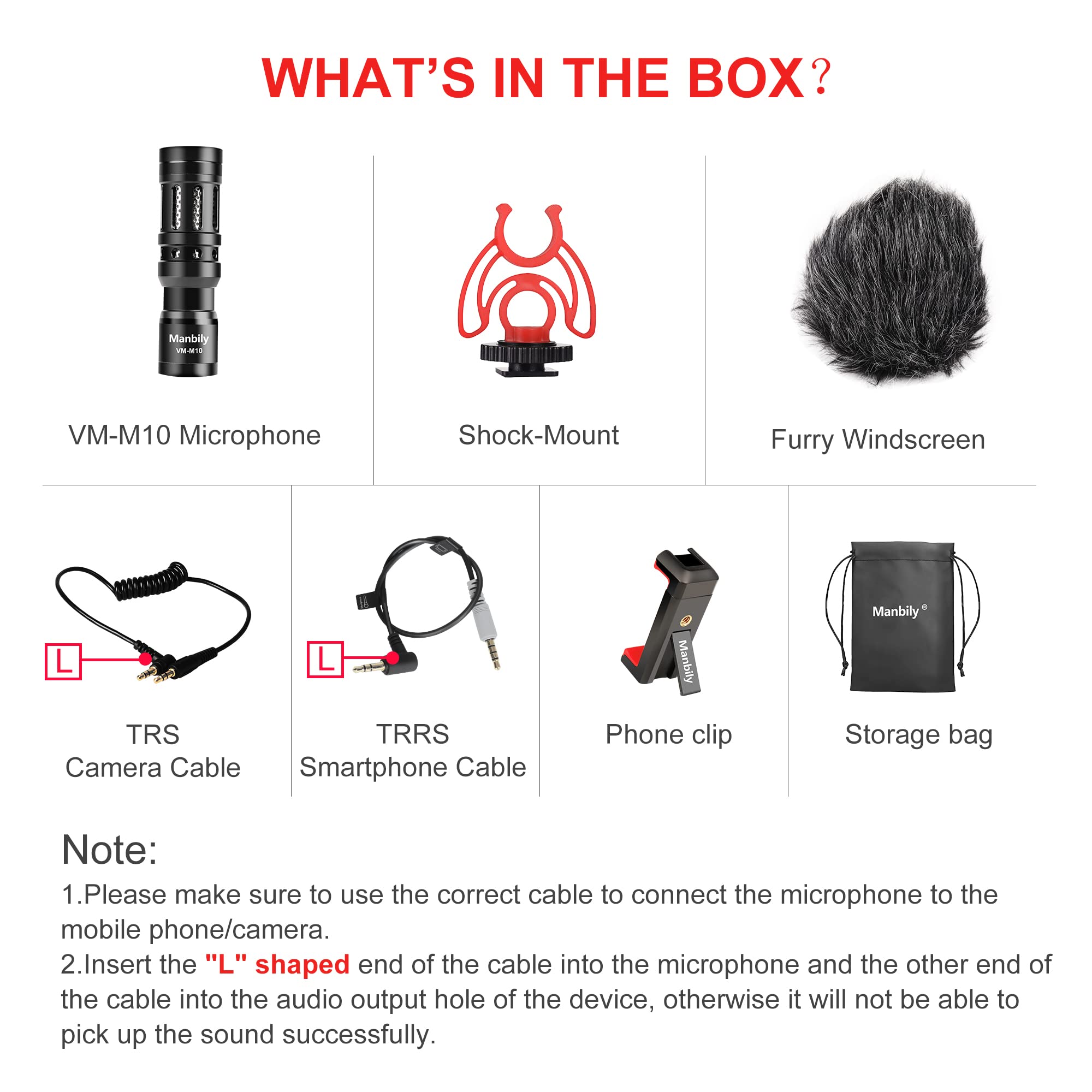 Manbily Universal Shotgun Video Microphone with Shock Mount Windscreen Phone Clip 3.5mm Conversion Cable,Compact Mic Compatible with DSLR Cameras iPhone/Android Smartphones for Audio Recording VM-M10