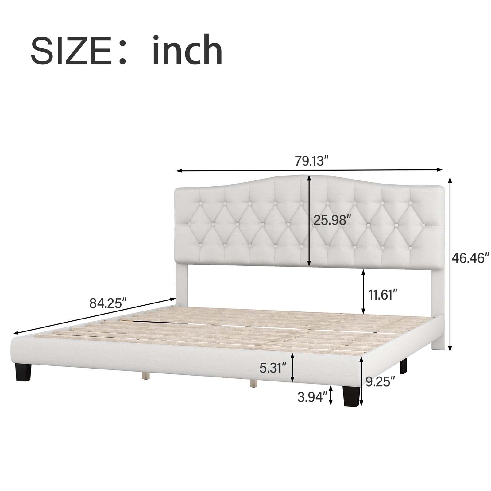 King Size Upholstered Platform Bed Frame with Saddle Curved Headboard and Diamond Tufted Details, Wooden Slats Support, No Box Spring Needed, Under Bed Storage (King)