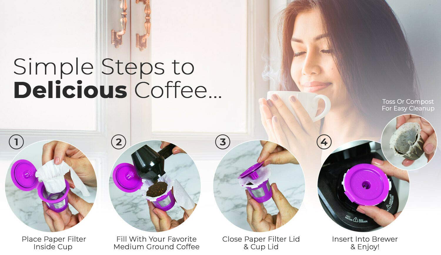 Perfect Pod EZ-Cup Disposable Coffee Filters for Reusable Coffee Pods - 5 Pack (250 Filters) Paper Coffee Pod Filters