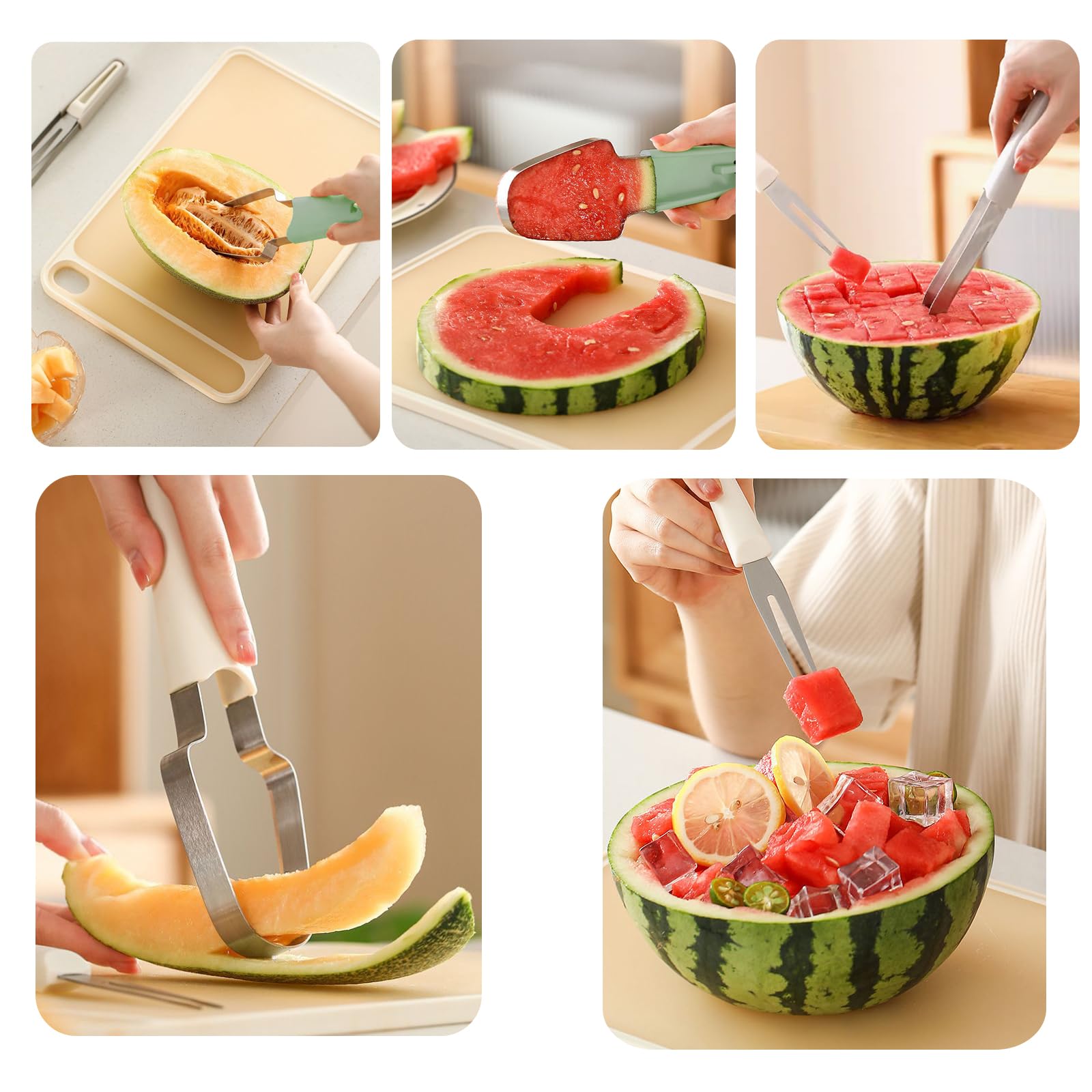 Zhaolie 3-in-1 Watermelon Fork Slicer Cutter,Stainless Steel Watermelon Popsicle Cutter Watermelon Cutter Slicer Tool Melon Cutter Knife Portability Fruit Fork Set for Camping Kitchen Gadgets, Green