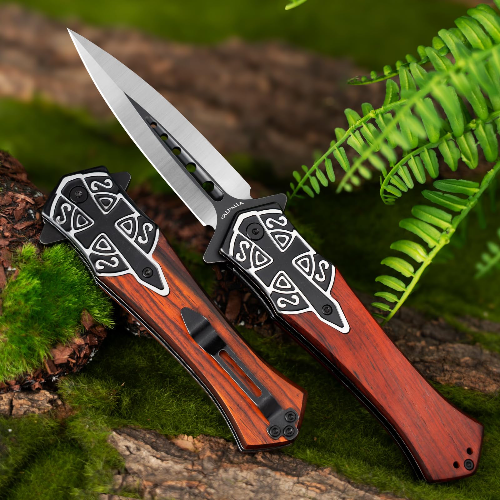 VALHALLA PASTOR 2 Pocket Knife, 3.7'' D2 Steel Cool knives, 3D Retro Embossed Folding Knife with Wooden Inlay, Pocket Knife For Men, Liner Lock, Gift for men women