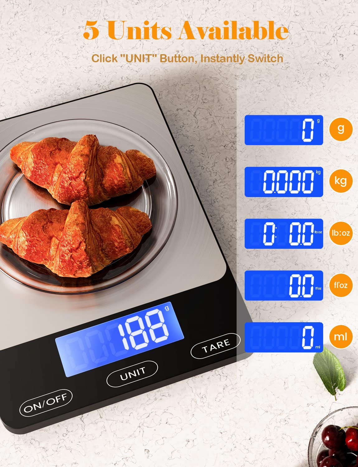 JSK 33lb Digital Food Scale, Rechargeable Kitchen Scale for Food Ounces and Grams, 304 Stainless Steel for Cooking Baking, Batteries and Type-C Charging Cable Included