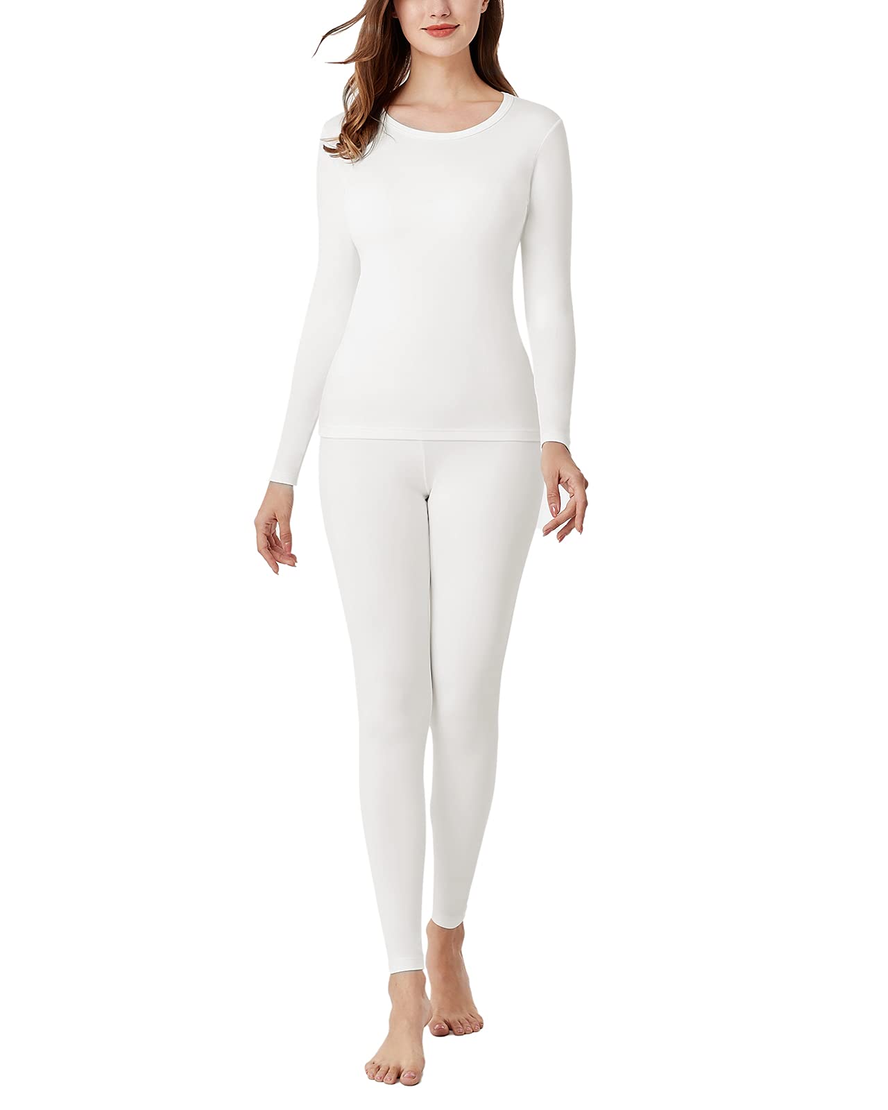 LAPASA Women's Thermal Underwear Set Fleece Lined Long Johns Top Shirt & Bottom Soft Base Layer Thermoflux 100 Mildly Warm Lightweight Cold Weather L17 Small White