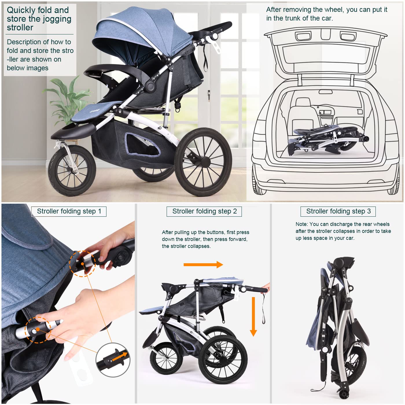 Jogging Stroller Fold City Travel Citi Jog Strollers Single Toddler Baby Pram Jogging Compact Urban Ultralight Joggers Beby Carriage Pushchair Stroller Travel System 3 wheels