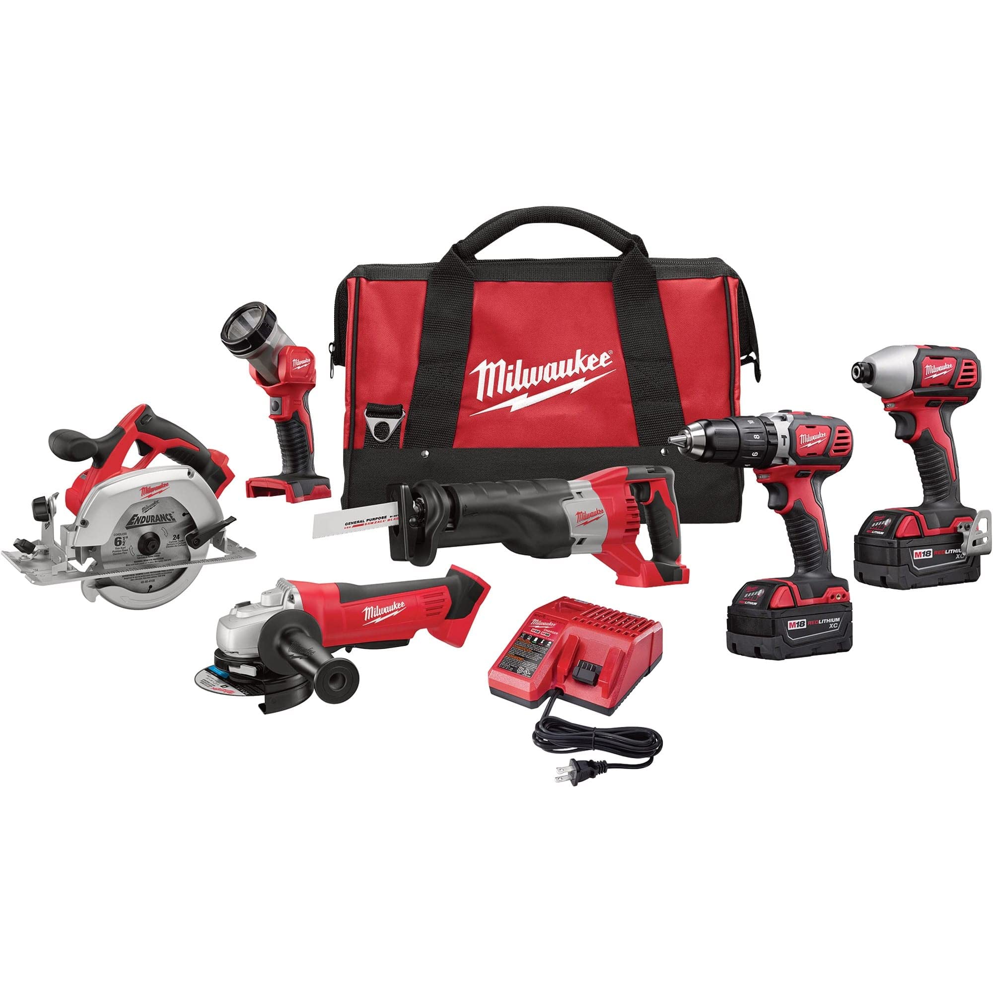 Milwaukee M18 6 Tool Combo Kit: 1/2" Hammer Drill/Driver 2602-20, 1/4" Hex Impact Driver 2650-20, Sawzall Recip Saw 2620-20, 6 ½" Circular Saw 2630-20, 4-1/2" Cut-off/Grinder 2680-20, Work Light