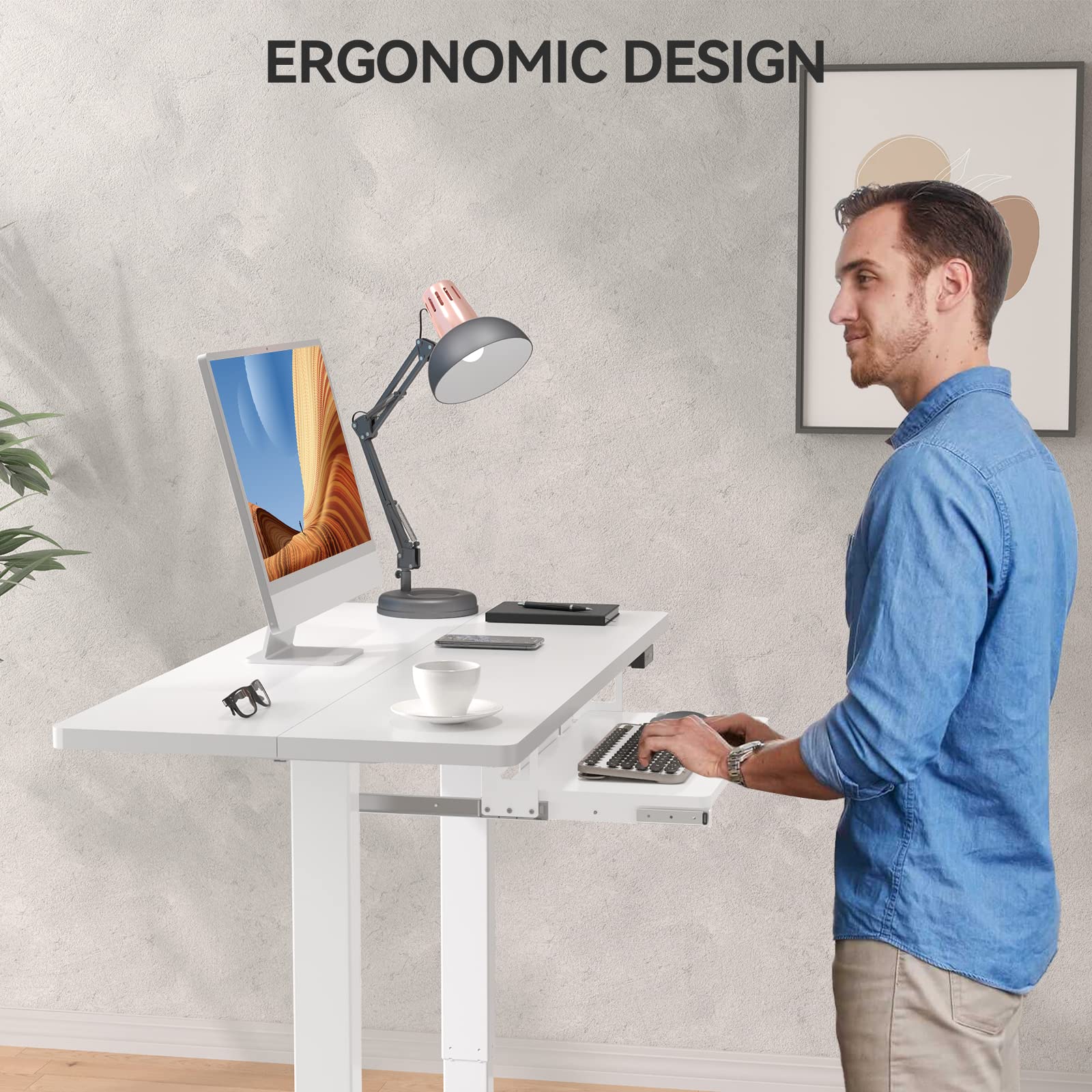 JOY worker White Electric Standing Desk with Keyboard Tray, Splice Board 48 x 24 Inches Sit Stand Up Height Adjustable Desk with Memory Controller, Ergonomic Workstation for Home Office
