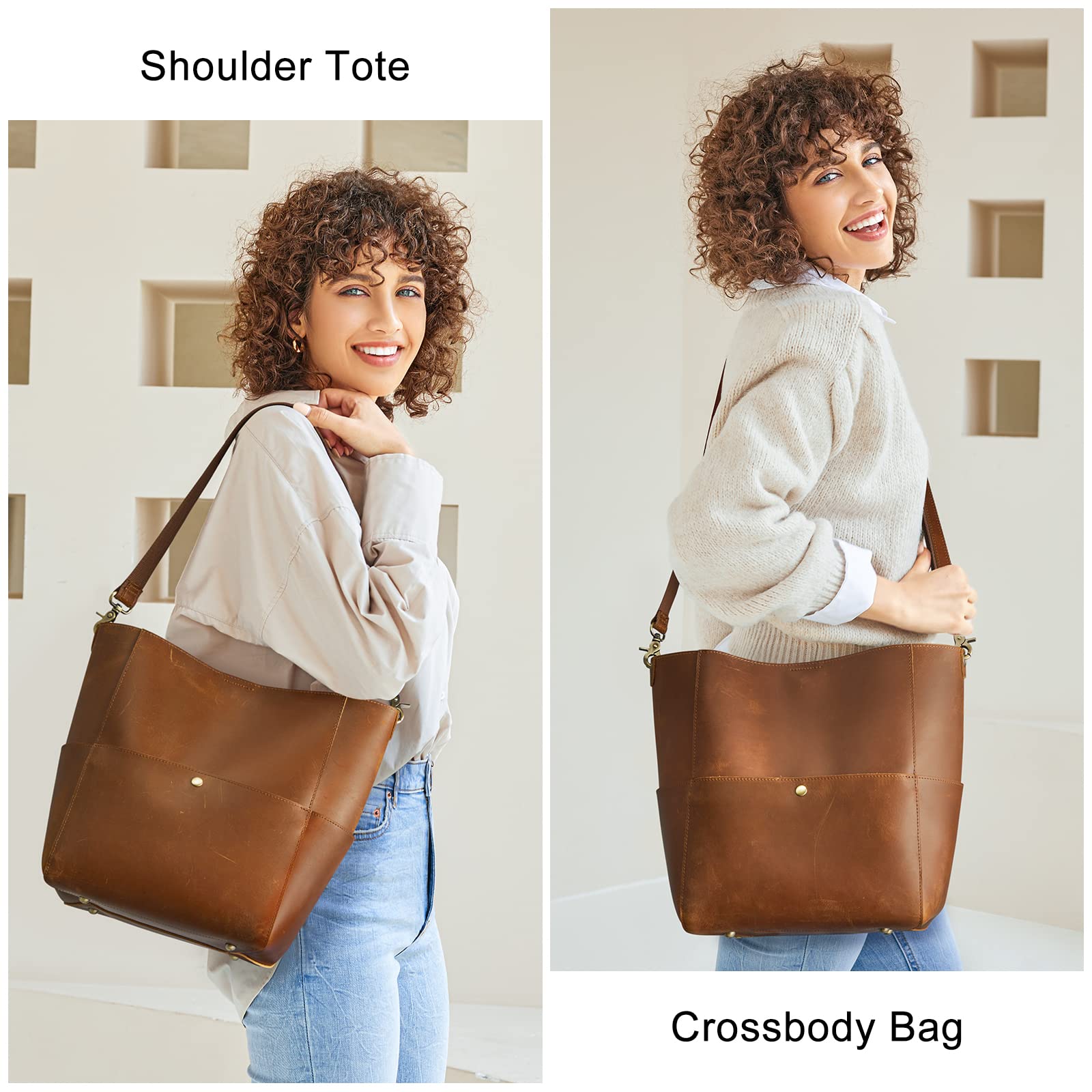 S-ZONE Women Genuine Leather Tote Bag Shoulder Handbag Bundle with Bucket Crossbody Purse