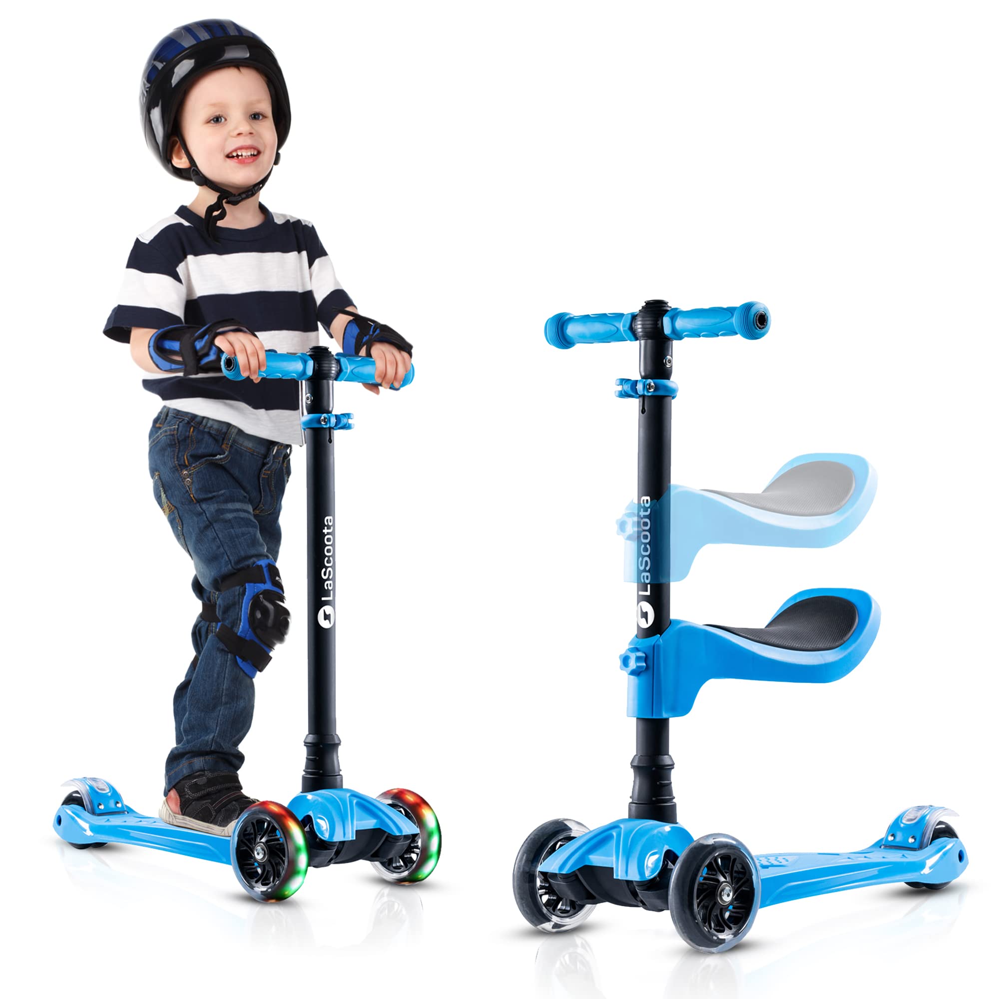 LaScoota Kick N Roll Scooter for Kids, 3 Wheel Adjustable Height Scooter with LED Flashing Wheels and Anti-Slip Deck, for Riders Aged 3-12 and up to 100 lbs.