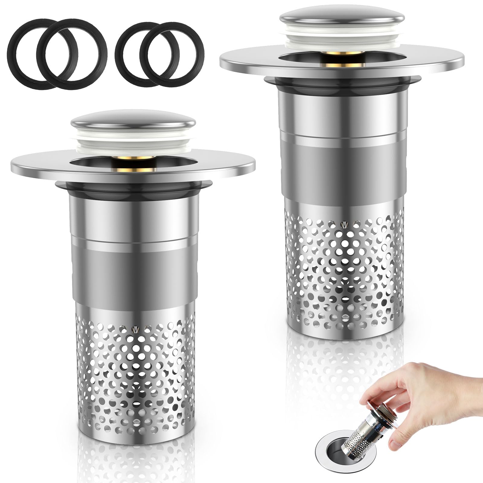 XYDHQS 2Pcs Bathroom Sink Stopper Hair Catcher, Pop Up Sink Drain Stopper with Removable Stainless Steel Filter Basket for Kitchen Bathroom Basin Sink Stopper Replacement