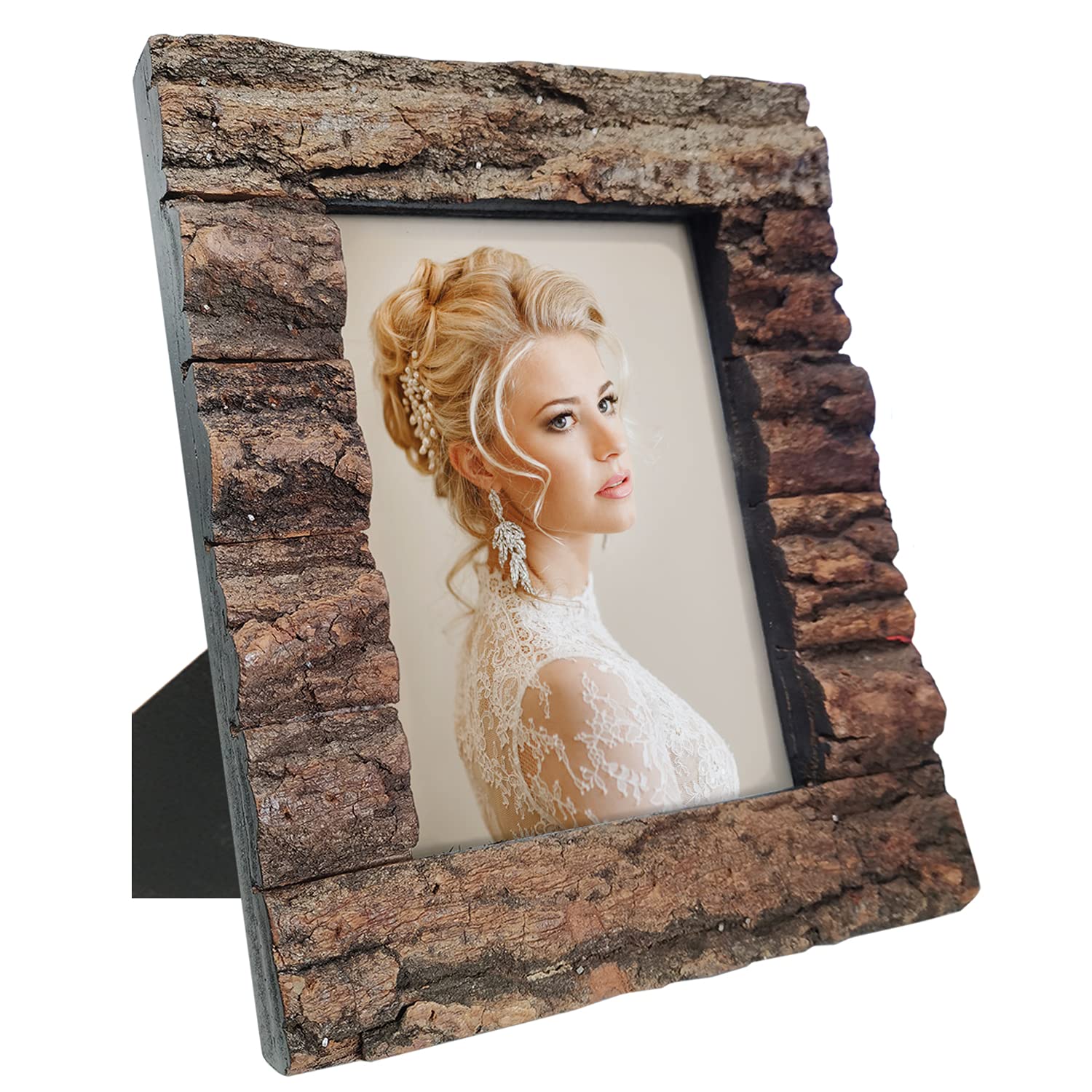 IKEREE 8x10 Rustic Wood Picture Frame with Real Bark,Solid Wood High Definition Glass,Tabletop or Wall Mounting for Farmhouse Decor.