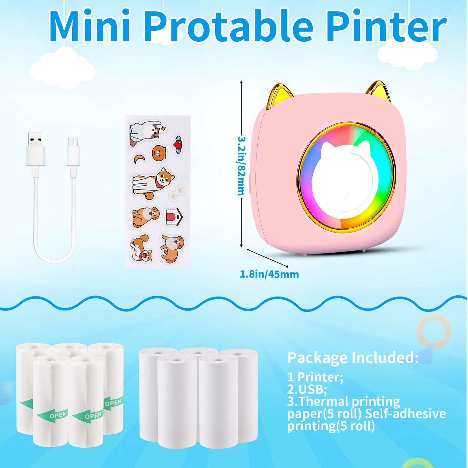 HuiJuKeJi Mini Inkless Sticker Printer Bluetooth Smart Pocket Thermal Printer with 10 Rolls Thermal Paper and 5 Pens, Sticker for iOS&Android, Portable Receipt Printer for Photo Journal Notes Memo