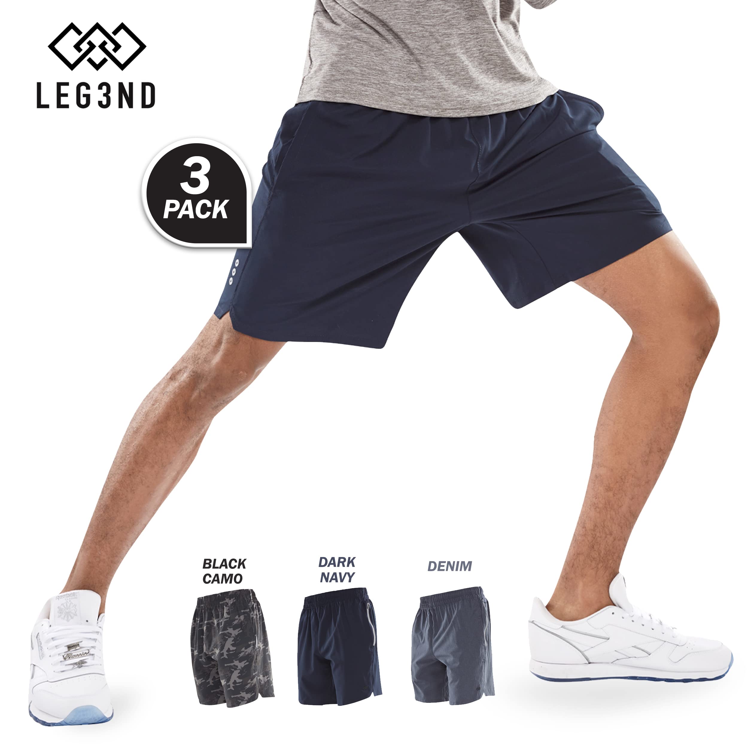LEG3ND Mens Workout Shorts – 3 Pack Tech Running Quick Dry Gym Shorts with Zip Pockets