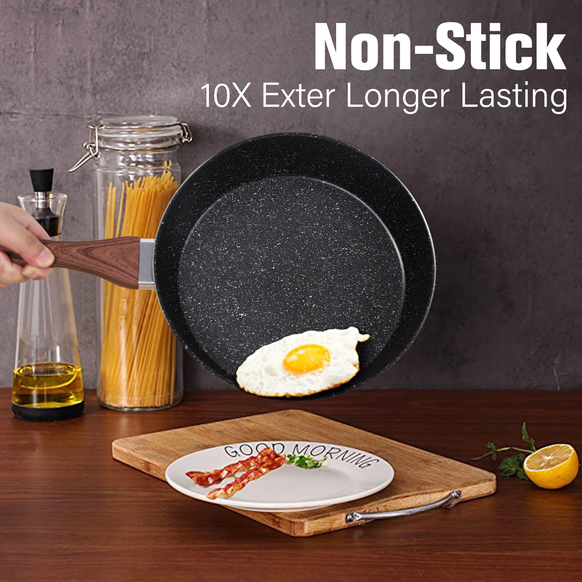 Kitchen Academy Pots and Pans Set Non Stick - 12 Pcs Induction Cooking Pans Set, Black Hammered Cookware Set,Induction Cookware Nonstick Granite Cooking Set