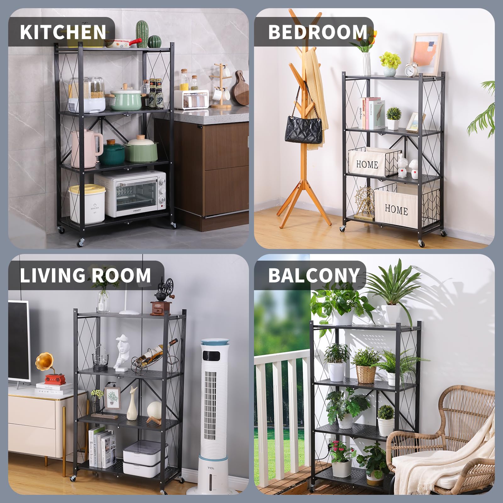 JOYBOS 4-Shelf Foldable Storage Shelves with Wheels, Heavy Duty Metal Shelving, No Assembly Organizer Wire Shelf Rack for Garage Kitchen, Basement, Pantry, Holds up to 1000 poundsā¦