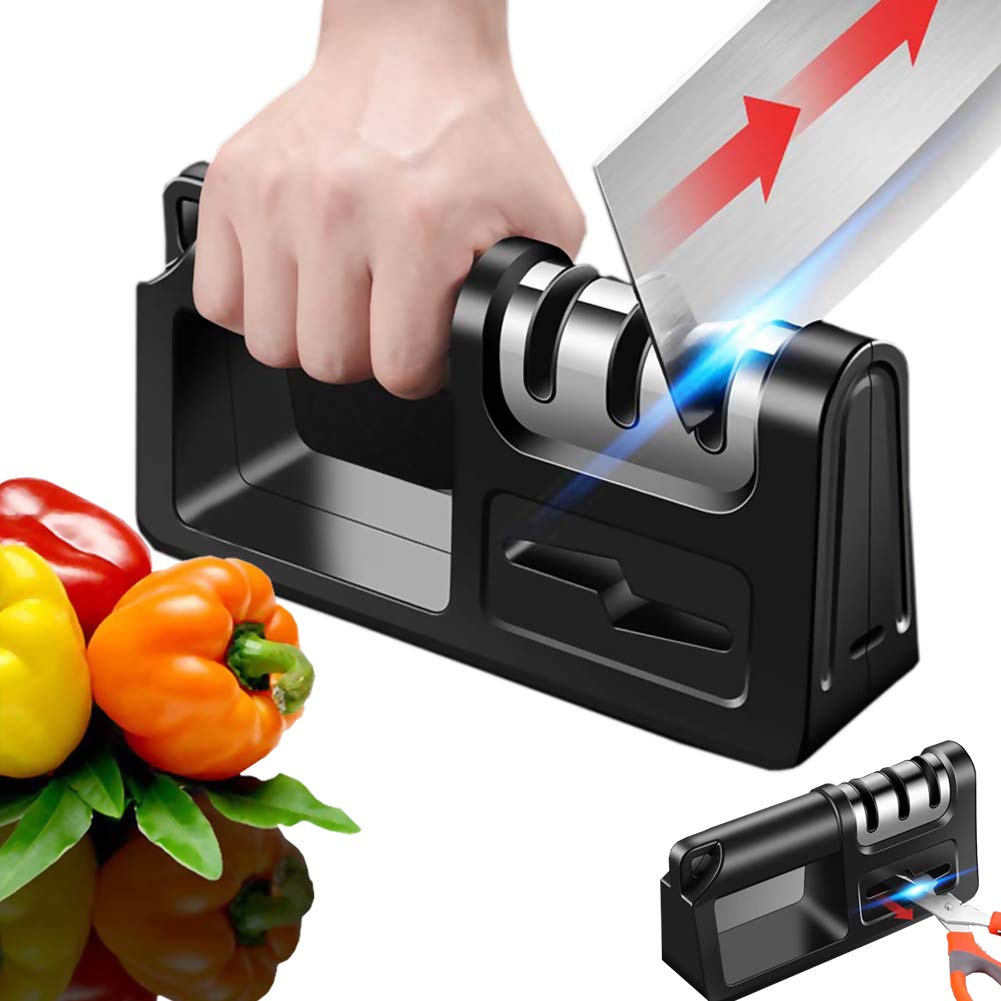 Knife Sharpener, Chef Manual Knife Sharpener, Easy Sharpening, Slip Resistant Grip Sharpener for Knives and Scissors, Safely Sharpen Knives for Kitchen (4-in-1)