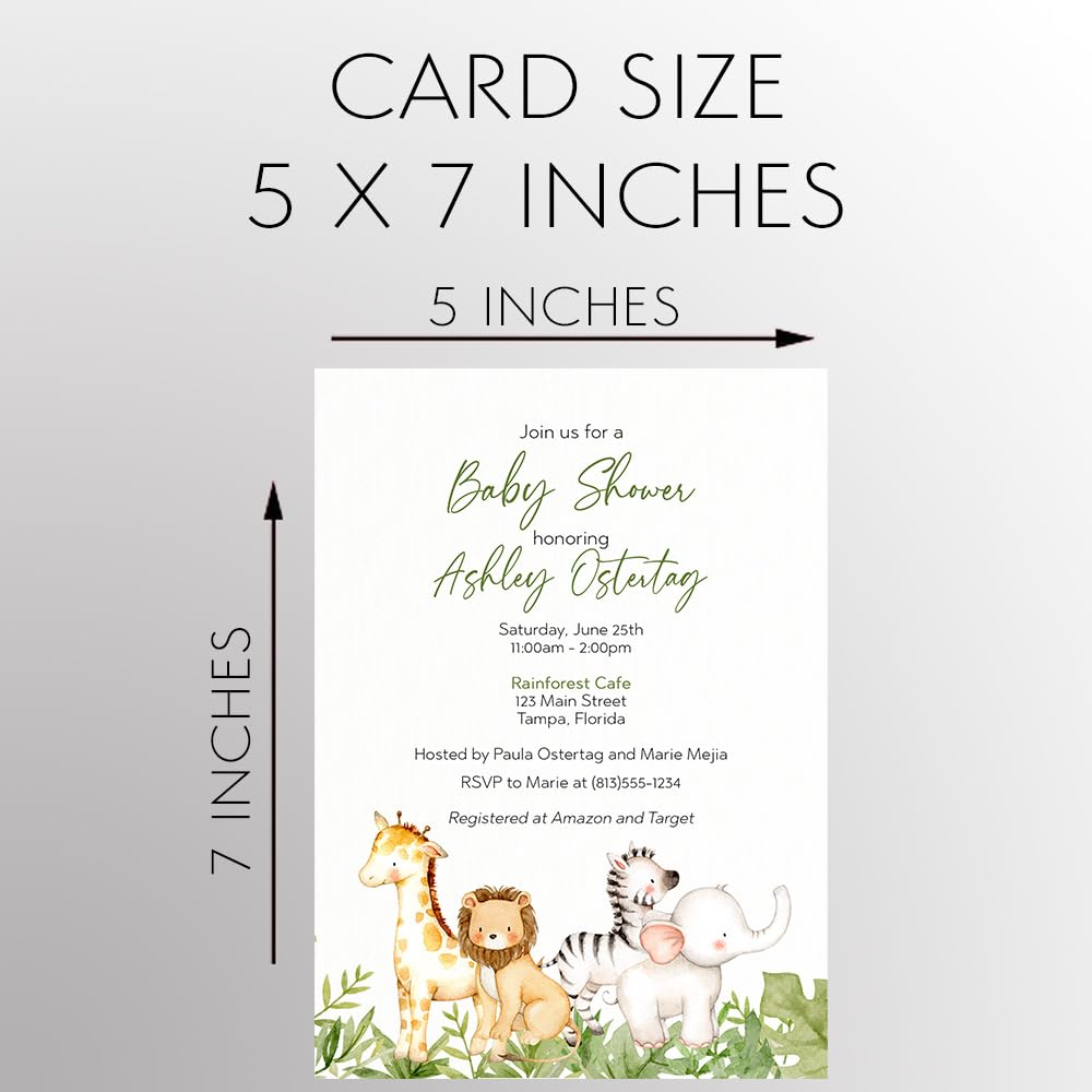 Jungle Animals Baby Shower Invitation Unisex Safari Invites Giraffe Lion Born to Be Wild Elephant Zebra Printed Customized Cards (12 Count)