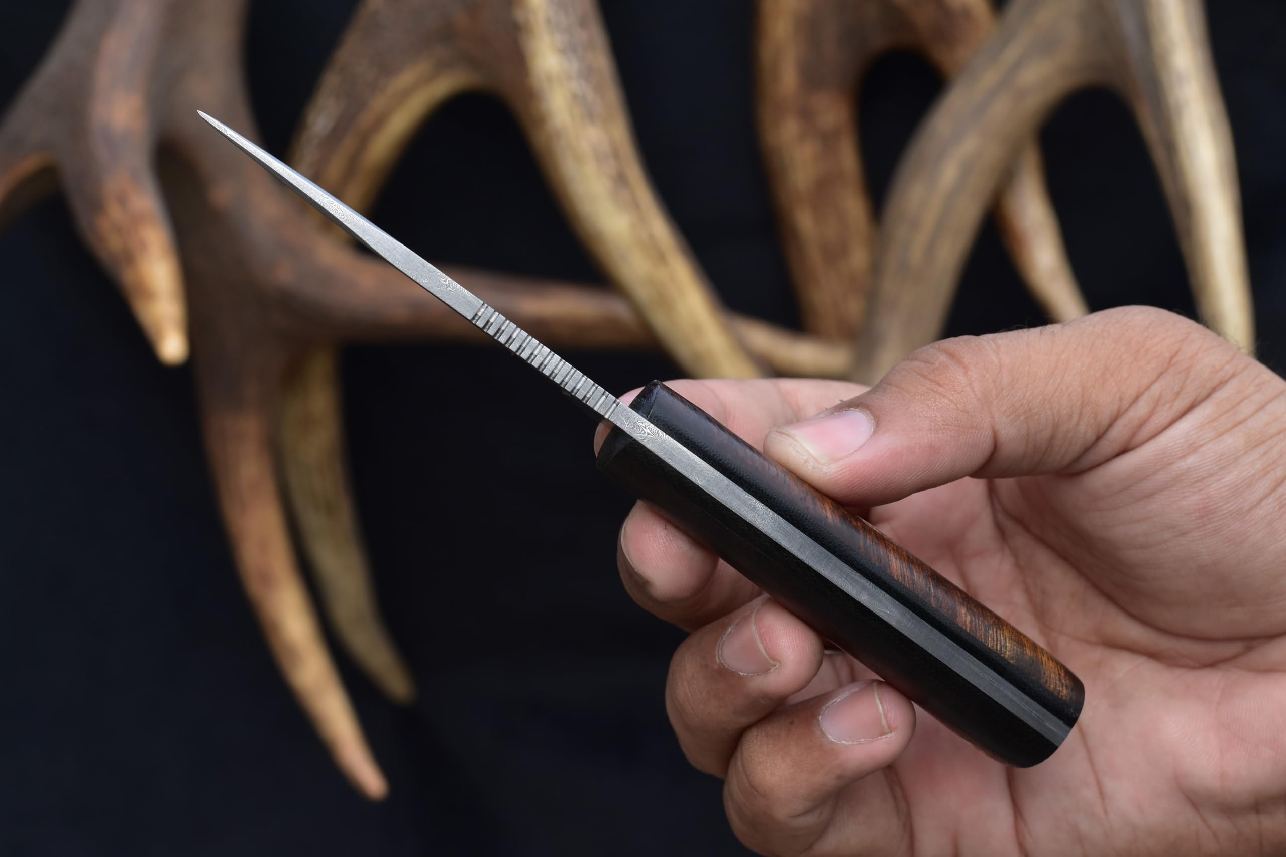 Knives Ranch Fixed Blade EDC Knife with Horizontal Carry Sheath β Small Hunting Knife β Damascus Skinning Knife β Cowboy Knife with Leather Sheath Stabilized Rosewood Handle (4402-IRW)
