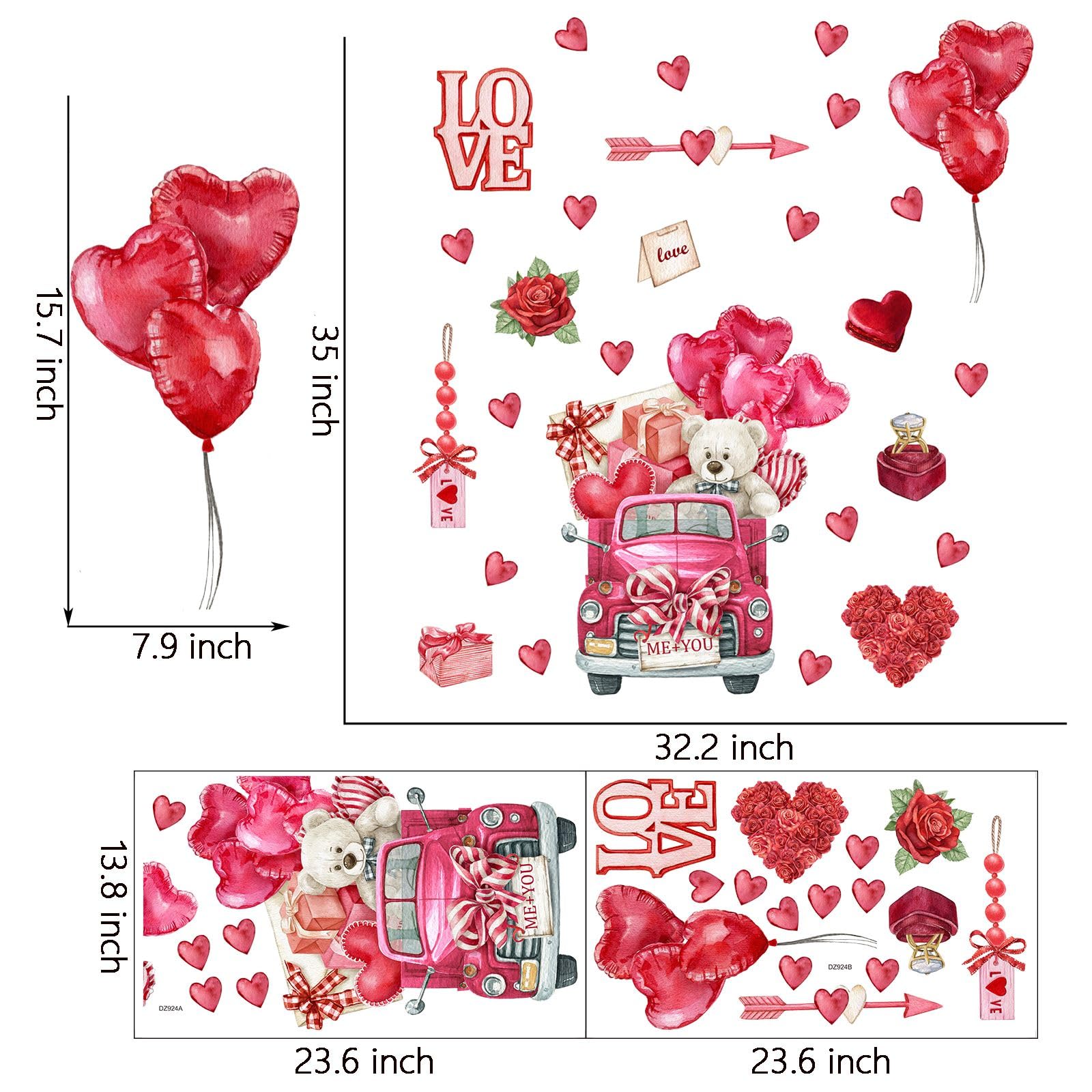 Valentine's Day Love Wall Decals Red Truck Balloon Window Clings Wall Stickers Rose Diamond Ring Romantic Decals Removable Peel and Stick Murals for Home Bedroom Living Room Wedding Anniversary Decor