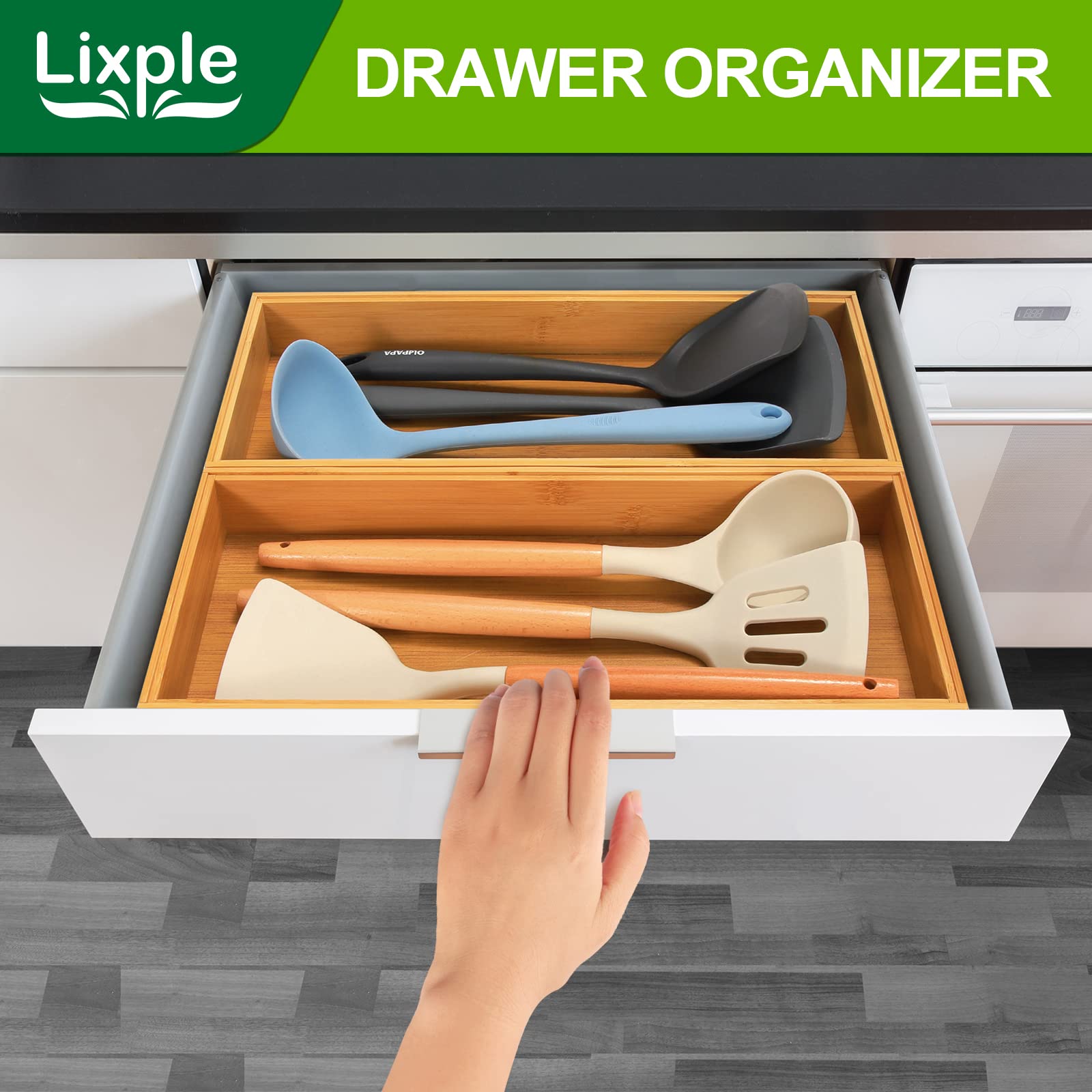 Lixple Bamboo Kitchen Drawer Organizer, Stackable Utensil Holder Silverware Organizer Cutlery Tray - 2PCS Organizer Bins for Makeup Jewelries Flatware in Bathroom, Office Desk, Cabinets, 15x6x2 inch