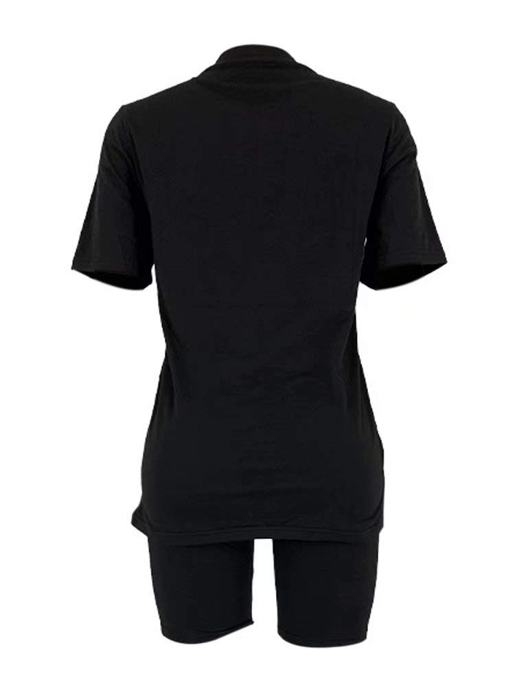KOOBETON Womens Casual Solid Color 2 Piece Outfits Letter Print T Shirts Bodycon Shorts Tracksuits Black S