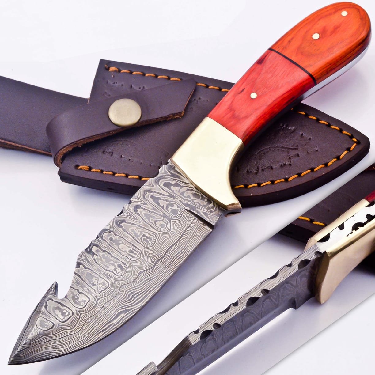 knifehills RARE CUSTOM DAMASCUS GUT HOOK HUNTING SKINNING KNIFE | HARD WOOD HANDLE (H-610)