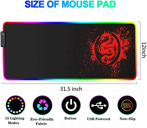 Large RGB Gaming Mouse Pad - 15 Light Modes Extended Computer Keyboard Mat, Anime Dragon Mouse Pad,High-Performance Mouse Pad Optimized for Gamer 31.5 X 12in (Red)