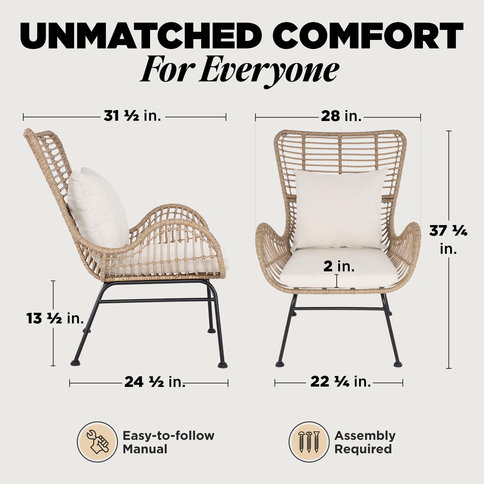 IDZO Patio Wicker Set of 2 Outdoor Dining Chairs, 500lbs, Beige